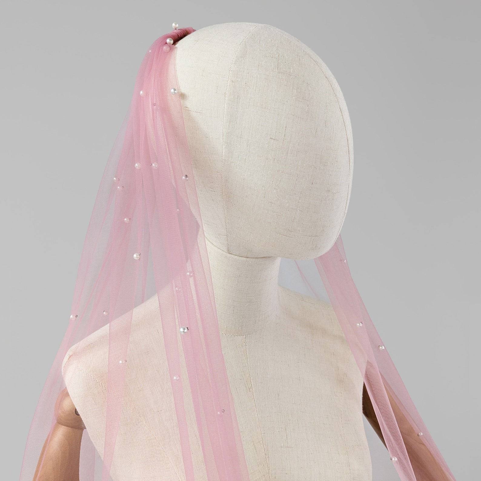 Rose Pink Wedding Veil With Pearls, Dusty Rose Pink Color Fabric, White ...