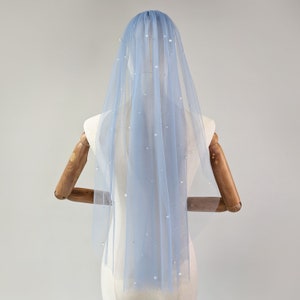 Dusty Blue Wedding Veil With Pearls, Dusty Sky Blue Color Fabric, White ...