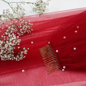 Rose Red Pearl Wedding Veil, Red Rose Color Fabric, White Regular Pearl ...