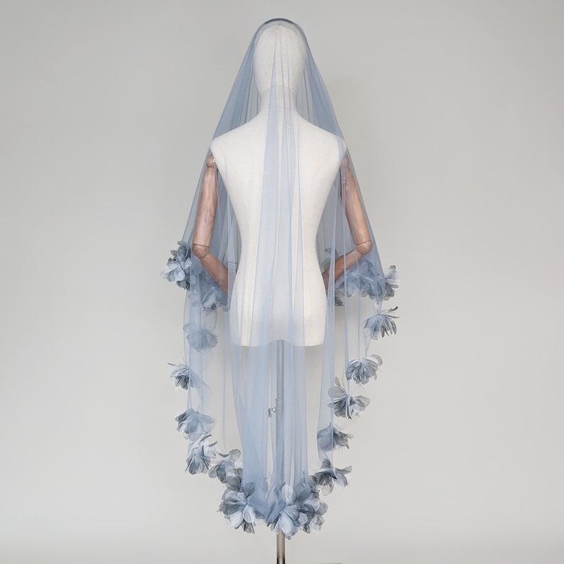 Blue Fluff Flower Veil Dusty Blue Tulle With Gray Blue - Etsy