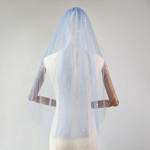Dusty Blue Wedding Veil With Pearls, Dusty Sky Blue Color Fabric, White ...