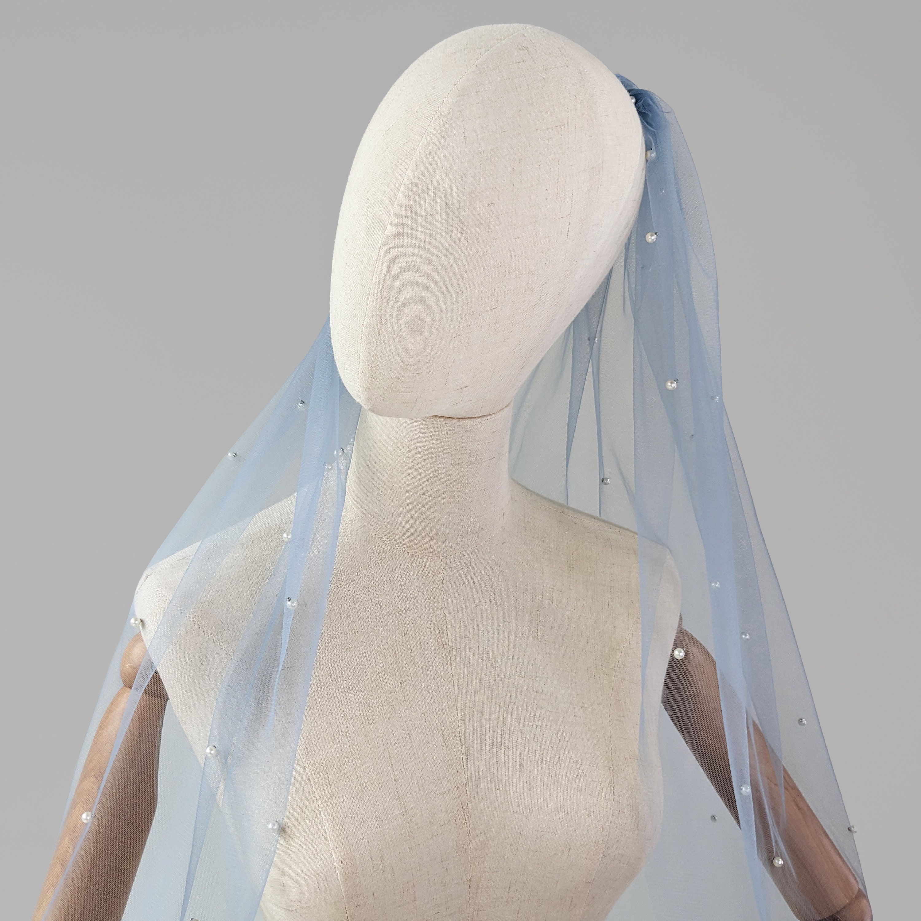 Dusty Blue Wedding Veil With Pearls Dusty Sky Blue Color - Etsy