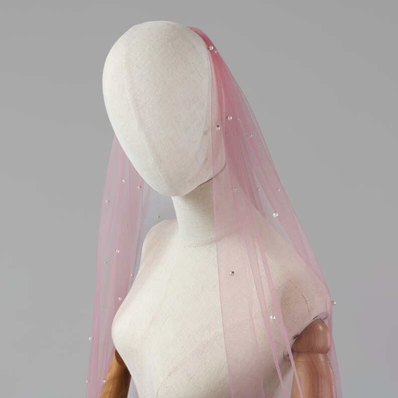 Rose Pink Wedding Veil With Pearls, Dusty Rose Pink Color Fabric, White ...