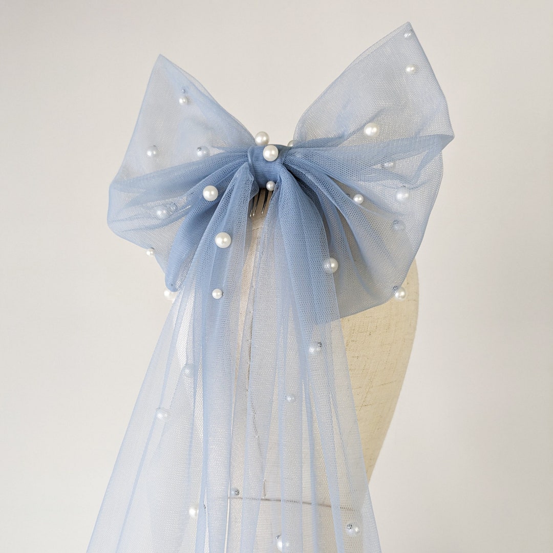 Blue Bridal Tulle Bow With Pearls, Scattered Pearl Hair Bow ...