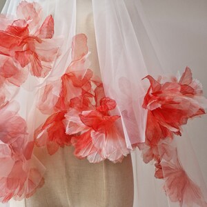 Ivory Red Fluff Flower Veil, Ivory Tulle With Bright Red Organza ...