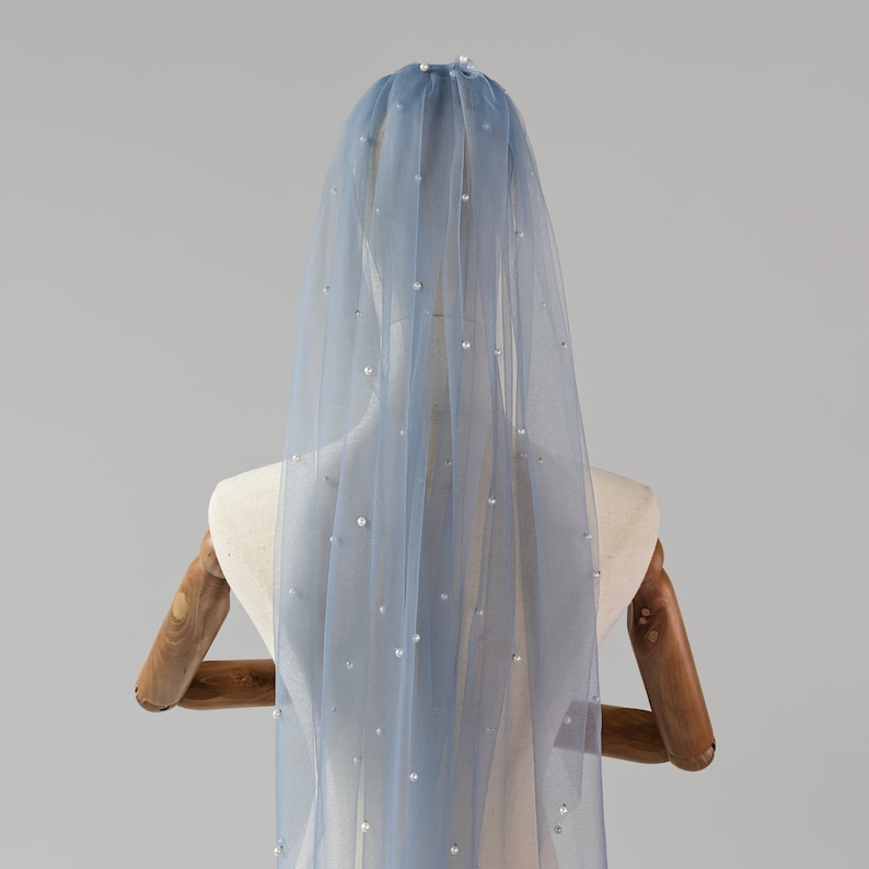 Dusty Blue Wedding Veil With Pearls, Dusty Sky Blue Color Fabric, White ...