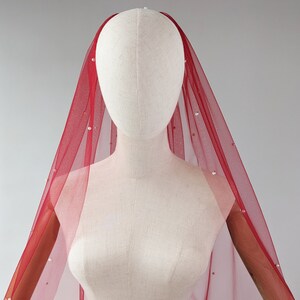 Rose Red Pearl Wedding Veil, Red Rose Color Fabric, White Regular Pearl ...