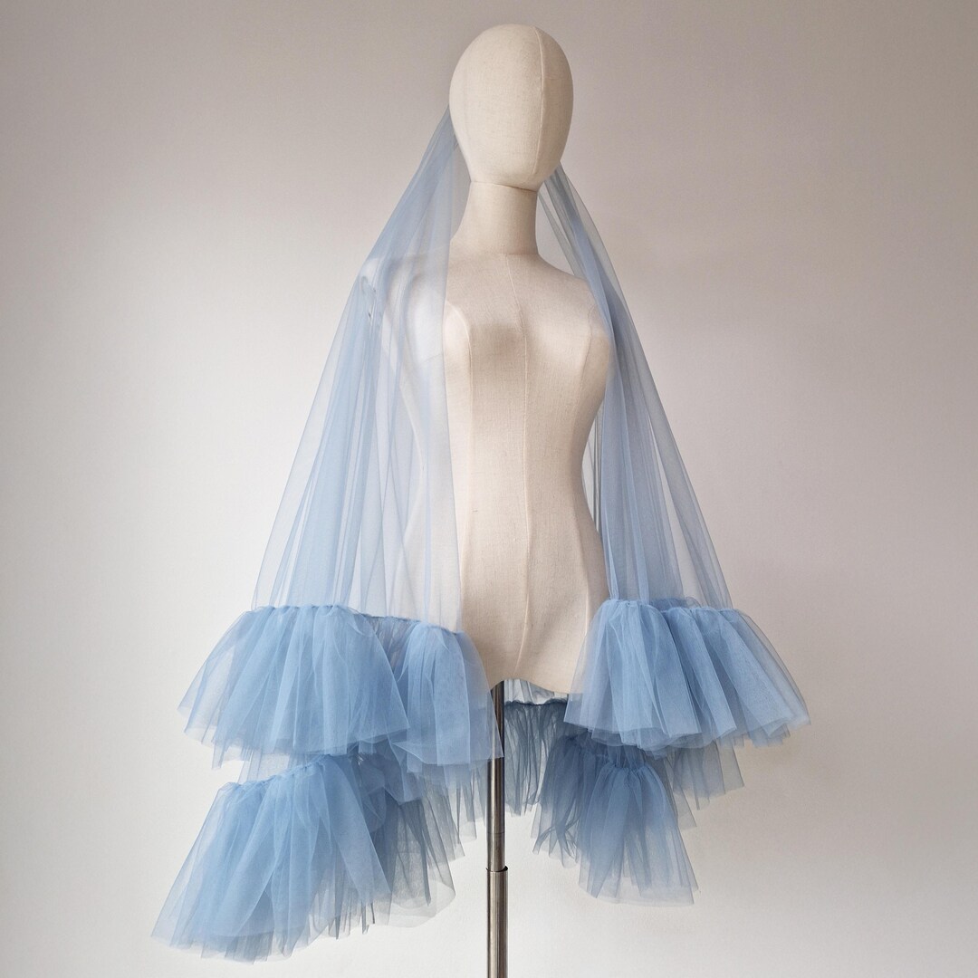 Dusty Blue Ruffle Veil, Pastel Blue Tulle With Frill Edge, Greyish Blue ...