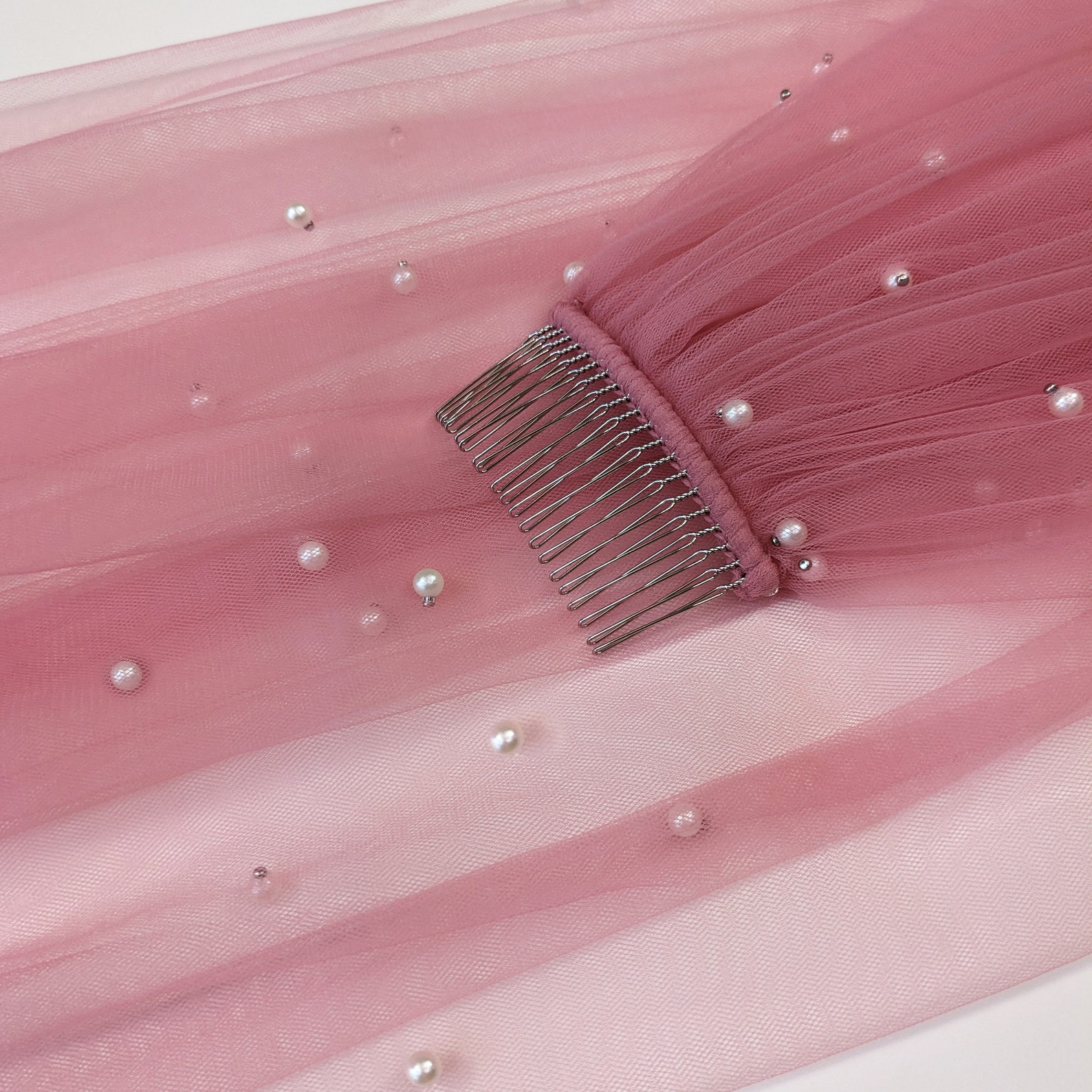 Rose Pink Wedding Veil With Pearls, Dusty Rose Pink Color Fabric, White ...