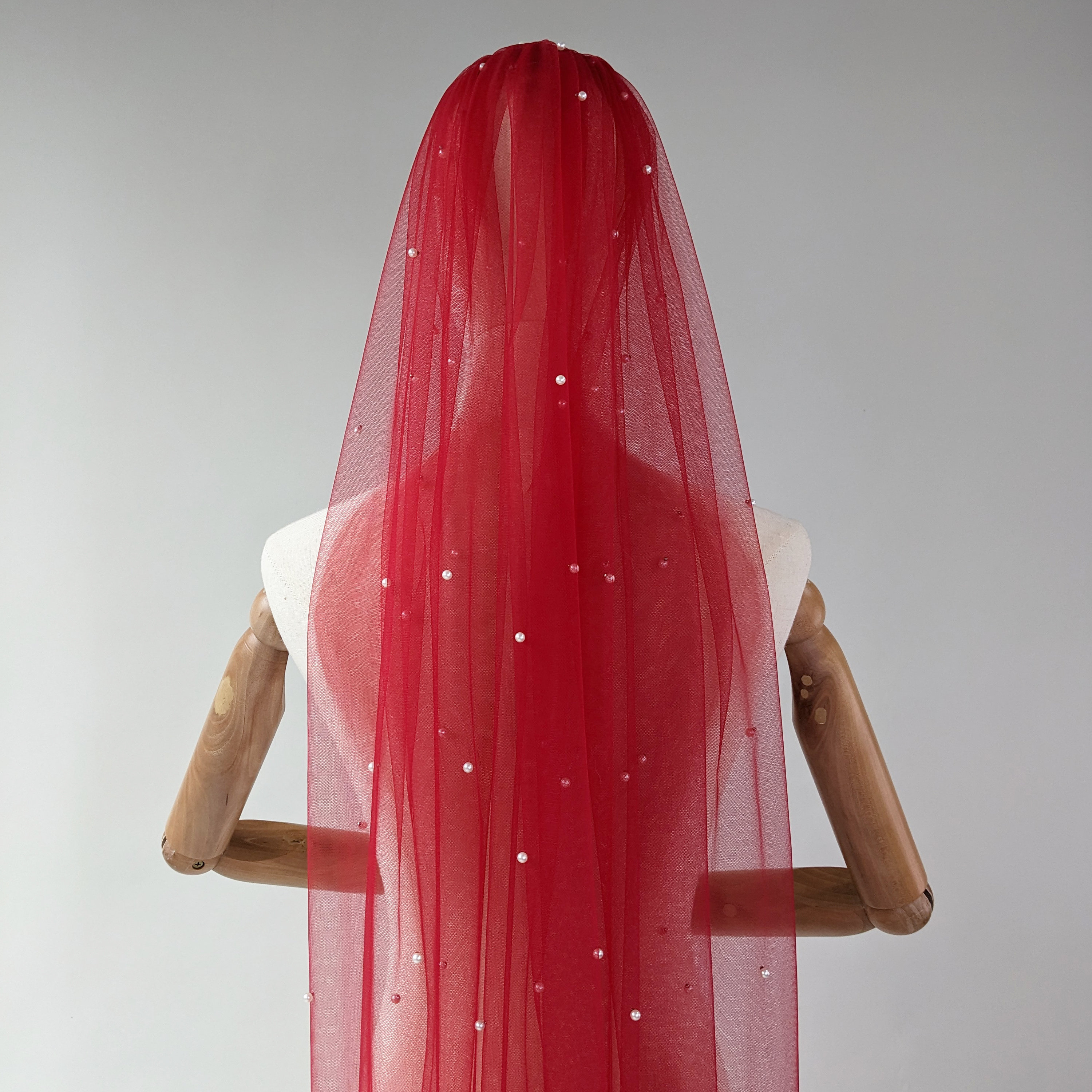 Rose Red Pearl Wedding Veil, Red Rose Color Fabric, White Regular Pearl ...