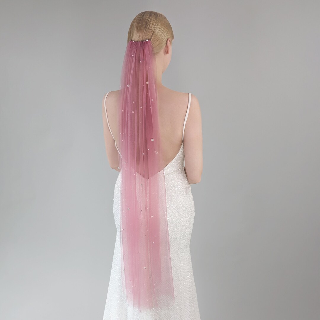 Dusty Pink Wedding Veil With Pearls, Rose Pink Color Fabric, White ...