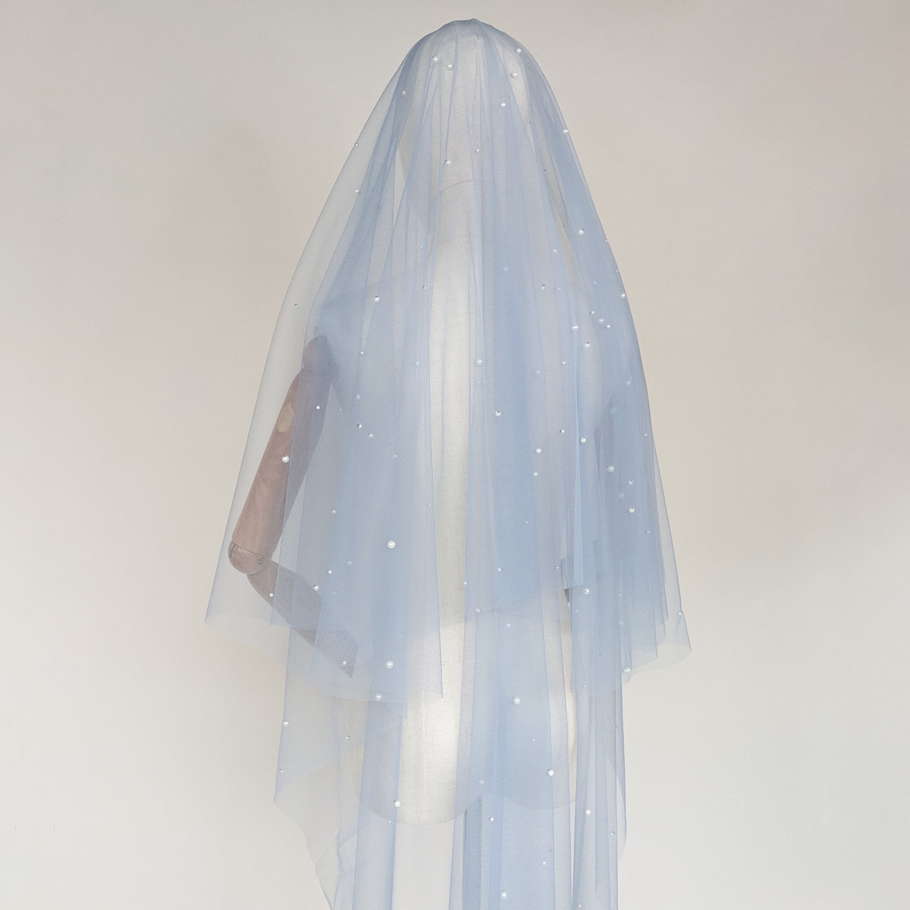 Blue Wedding Veil With Pearls, Dusty Blue Tulle With White Pearls ...
