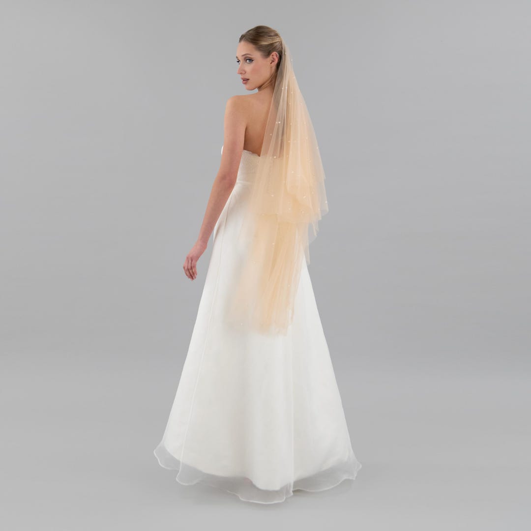 Dark Champagne Wedding Veil With Pearls, Dusty Beige Warm Blush Tulle ...