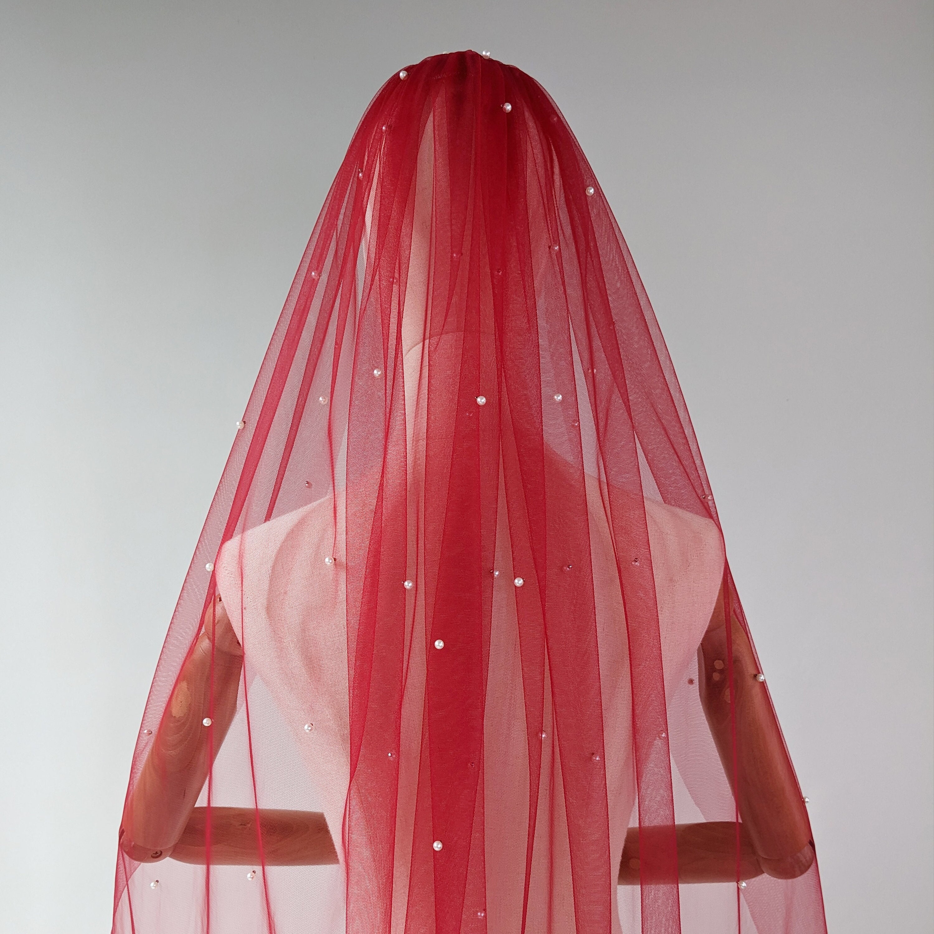 Rose Red Pearl Wedding Veil, Red Rose Color Fabric, White Regular Pearl ...