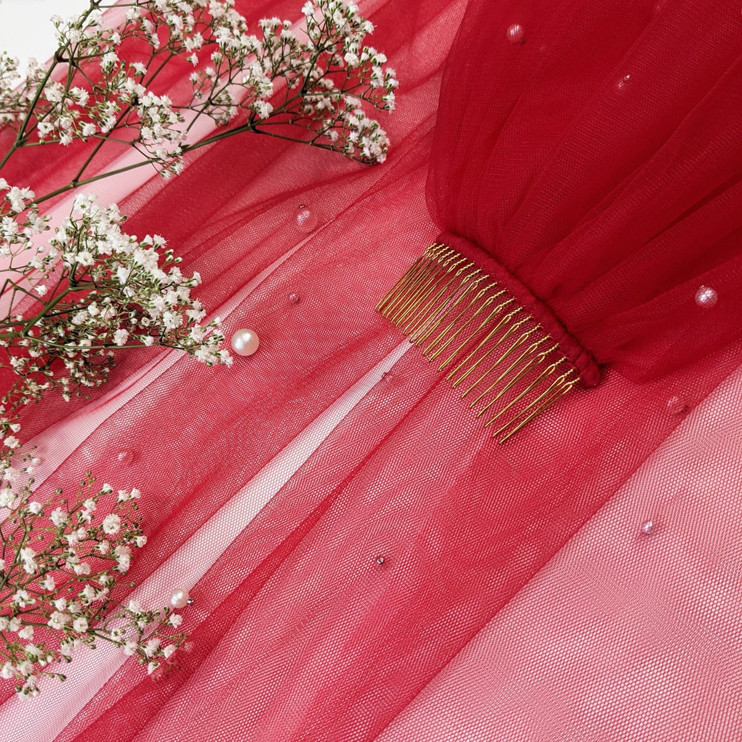 Red Wedding Veil: Rose Tulle With Scattered Pearls, Gold Comb - Etsy
