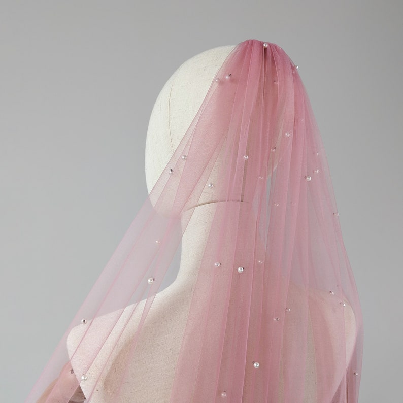 Rose Pink Wedding Veil With Pearls, Dusty Rose Pink Color Fabric, White ...