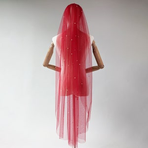 Rose Red Pearl Wedding Veil, Red Rose Color Fabric, White Regular Pearl ...