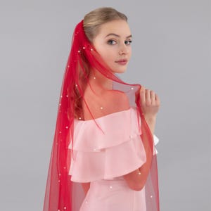 Rose Red Pearl Wedding Veil, Red Rose Color Fabric, White Regular Pearl ...