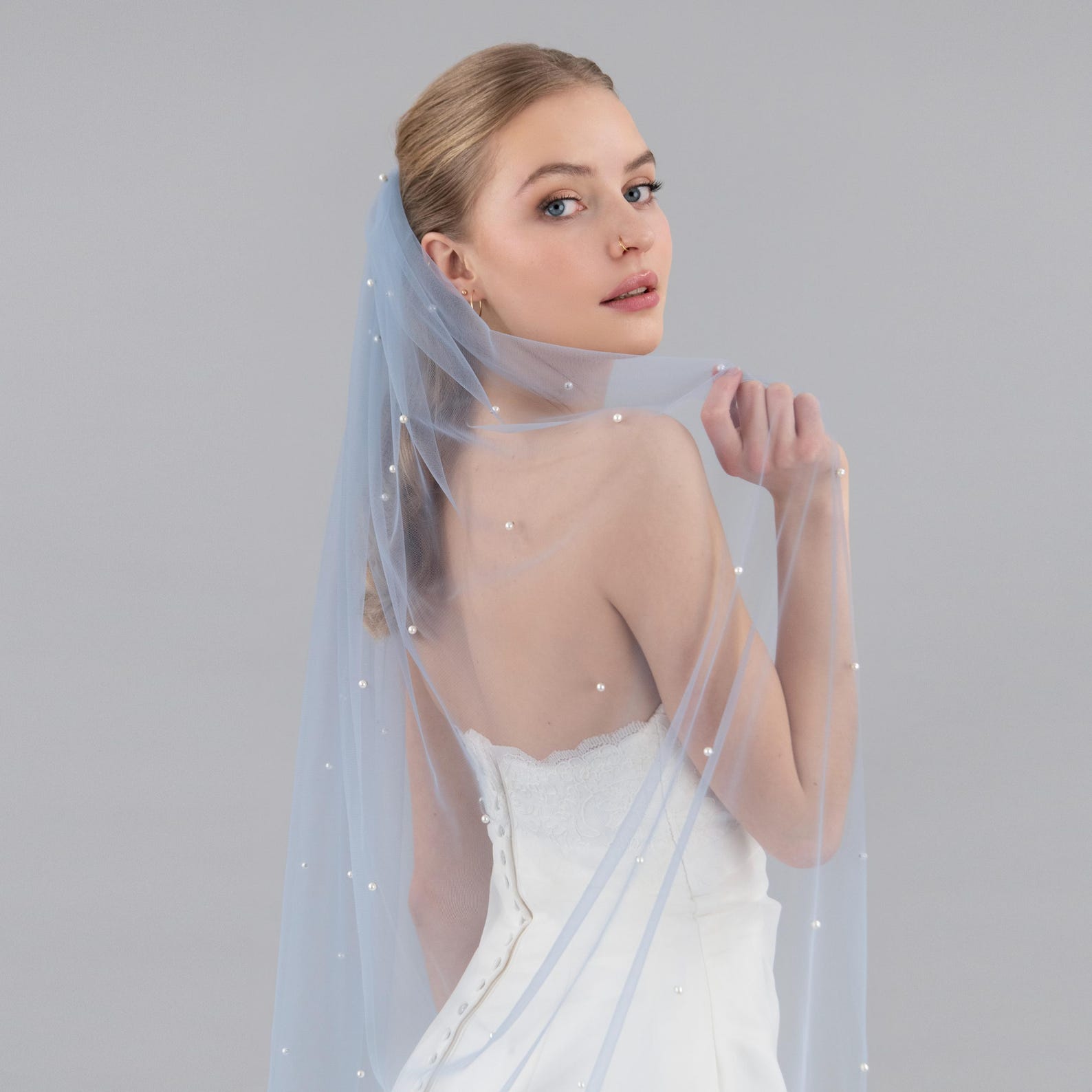 Pearl Embellished Dusty Blue Wedding Veil: Silver Comb, Scattered ...