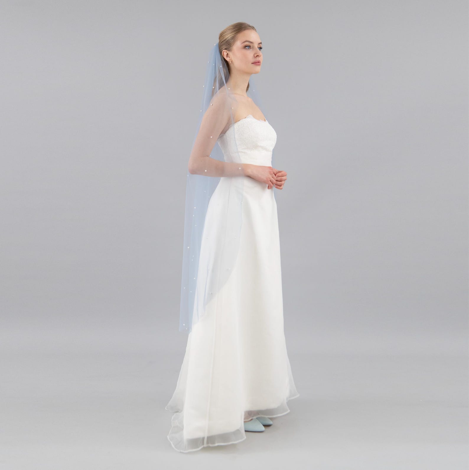 Pearl Embellished Dusty Blue Wedding Veil: Silver Comb, Scattered ...