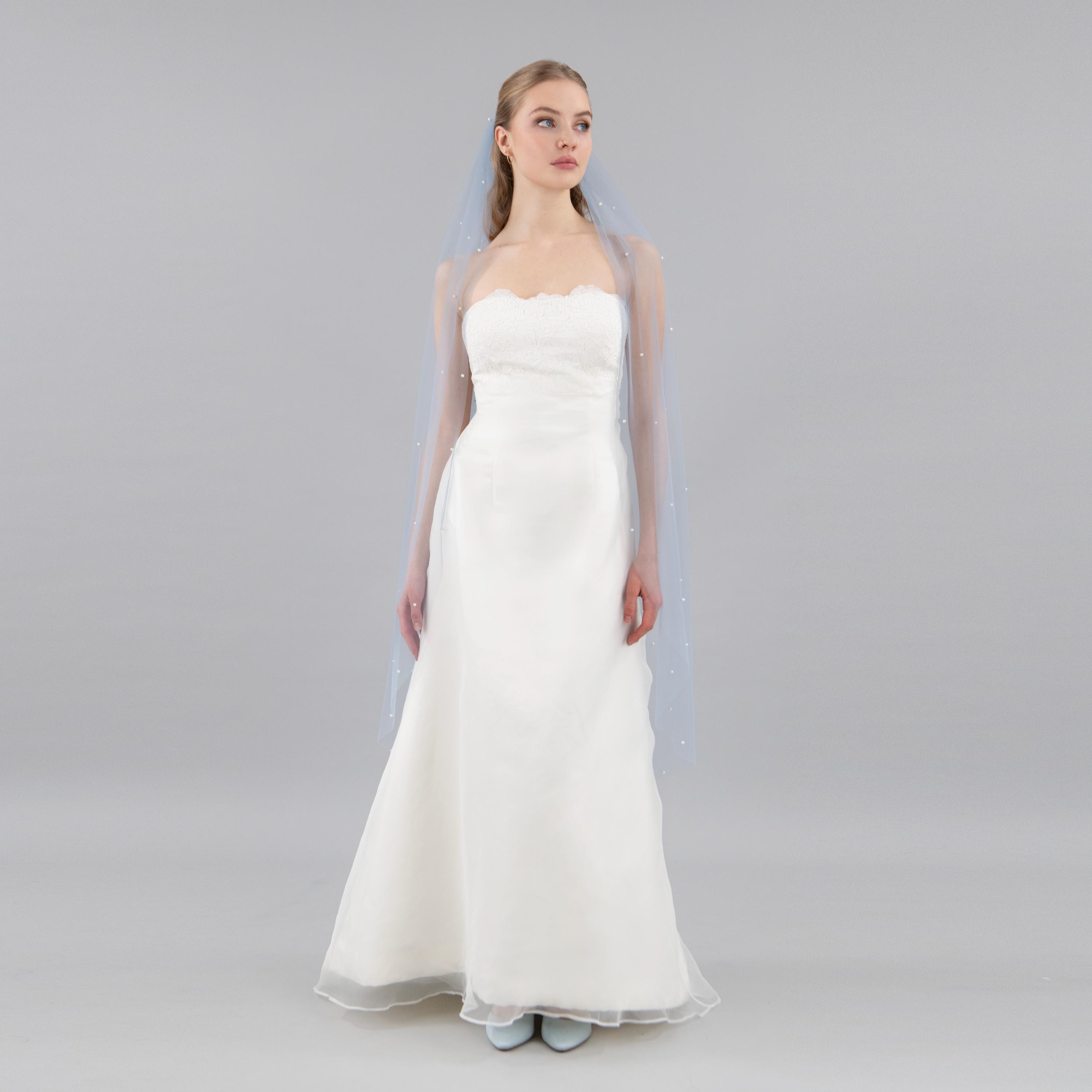 Pearl Embellished Dusty Blue Wedding Veil: Silver Comb, Scattered ...