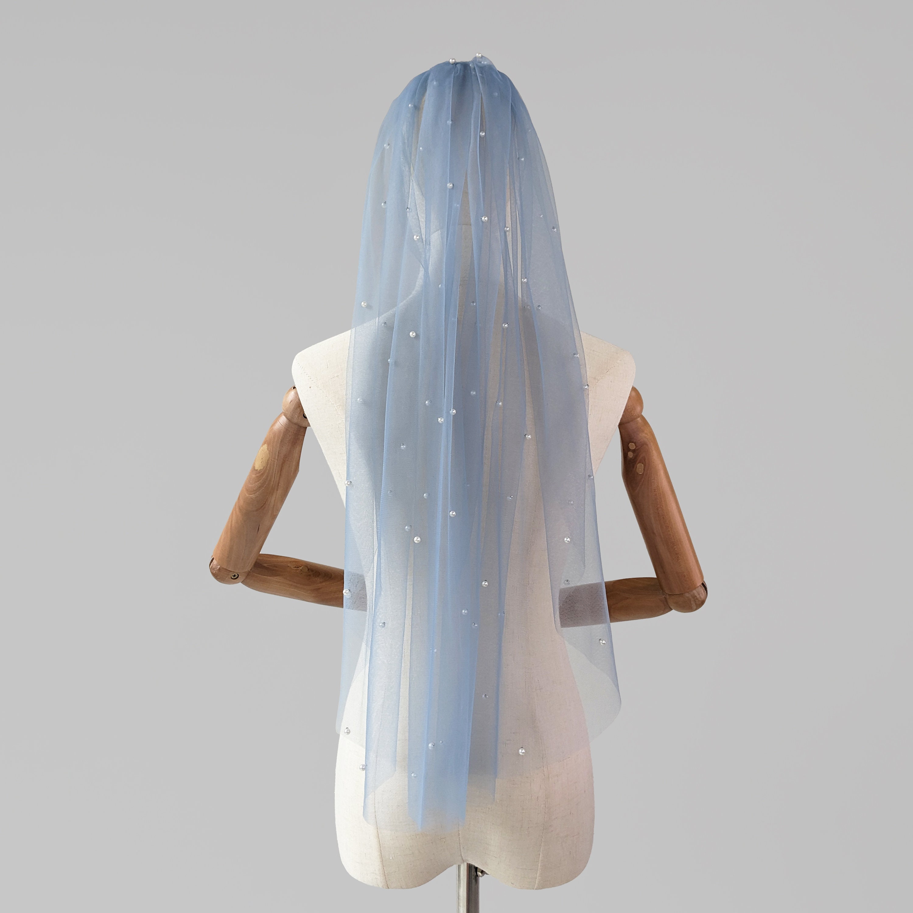 Dusty Blue Wedding Veil With Pearls, Dusty Sky Blue Color Fabric, White ...