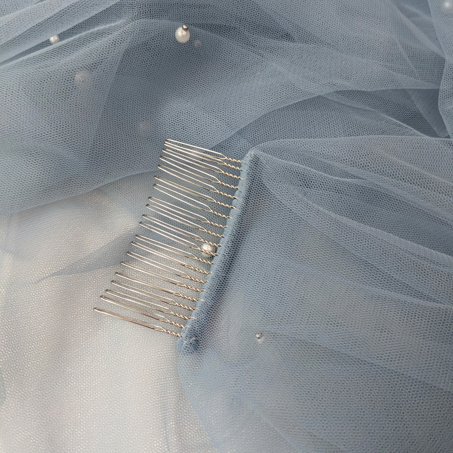 Blue Wedding Veil With Pearls: Dusty Blue Tulle, Bridal Comb - Etsy