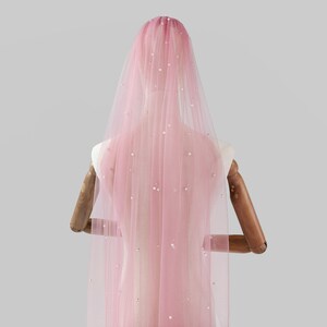Rose Pink Wedding Veil With Pearls, Dusty Rose Pink Color Fabric, White ...