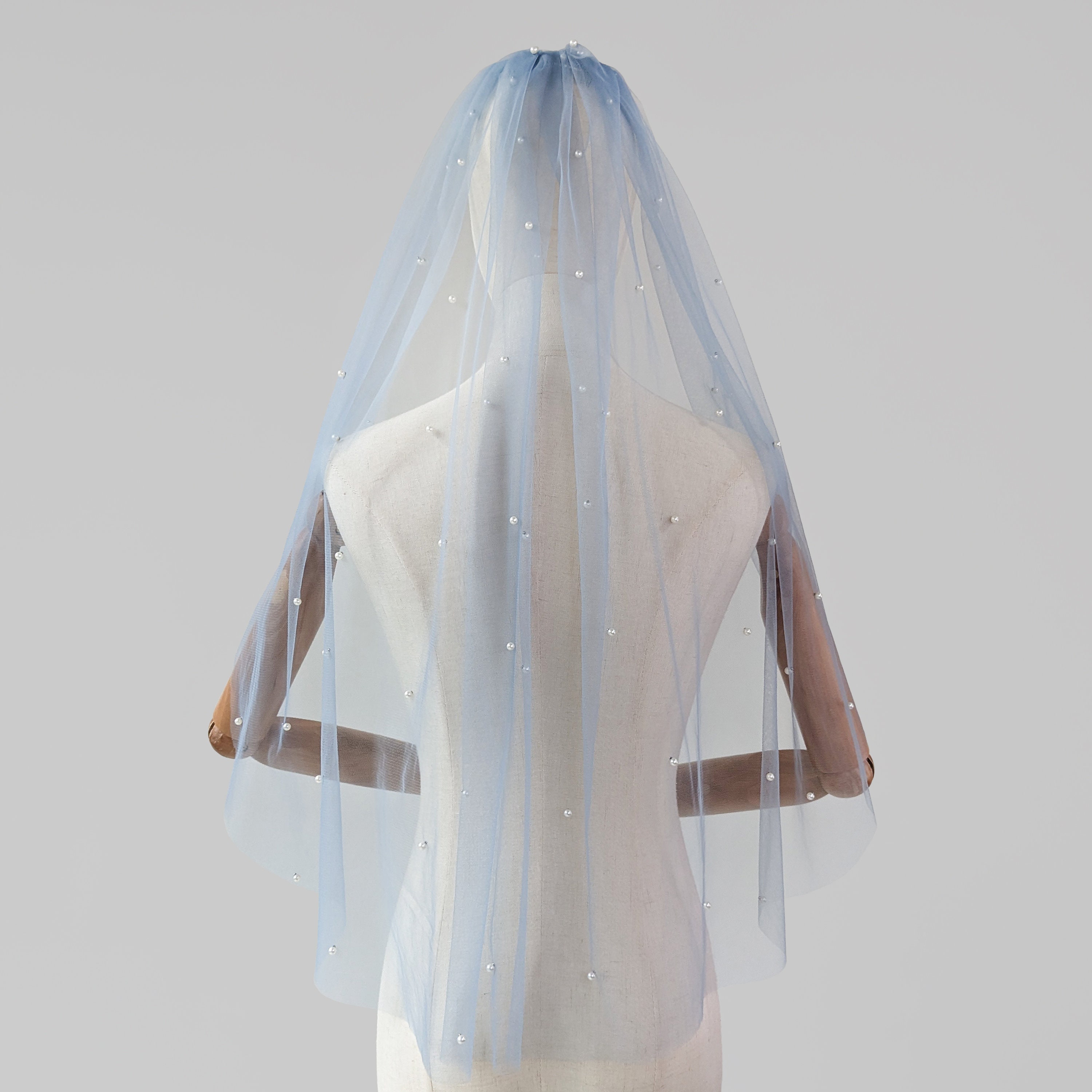 Dusty Blue Wedding Veil With Pearls Dusty Sky Blue Color - Etsy