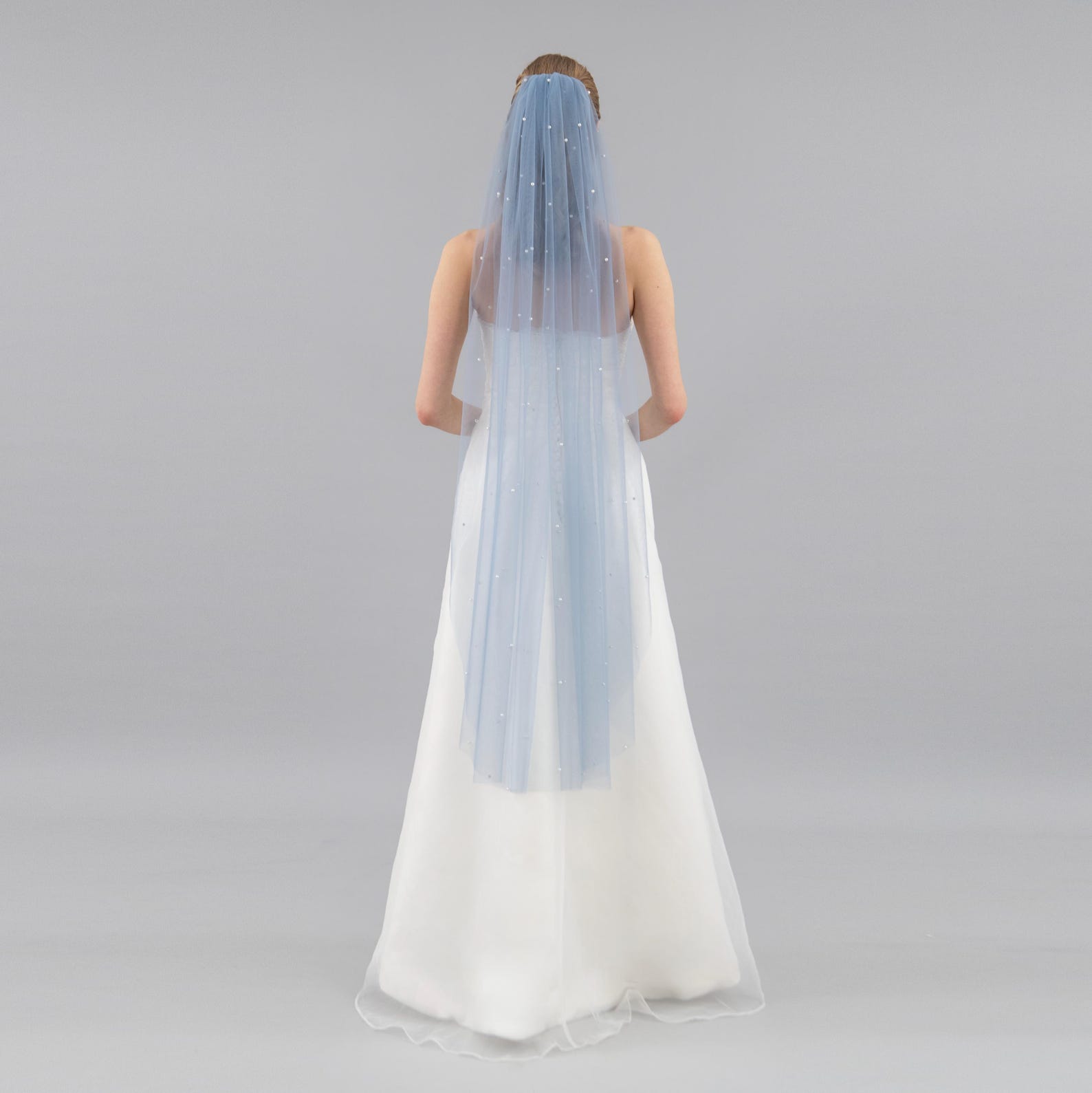 Pearl Embellished Dusty Blue Wedding Veil: Silver Comb, Scattered ...