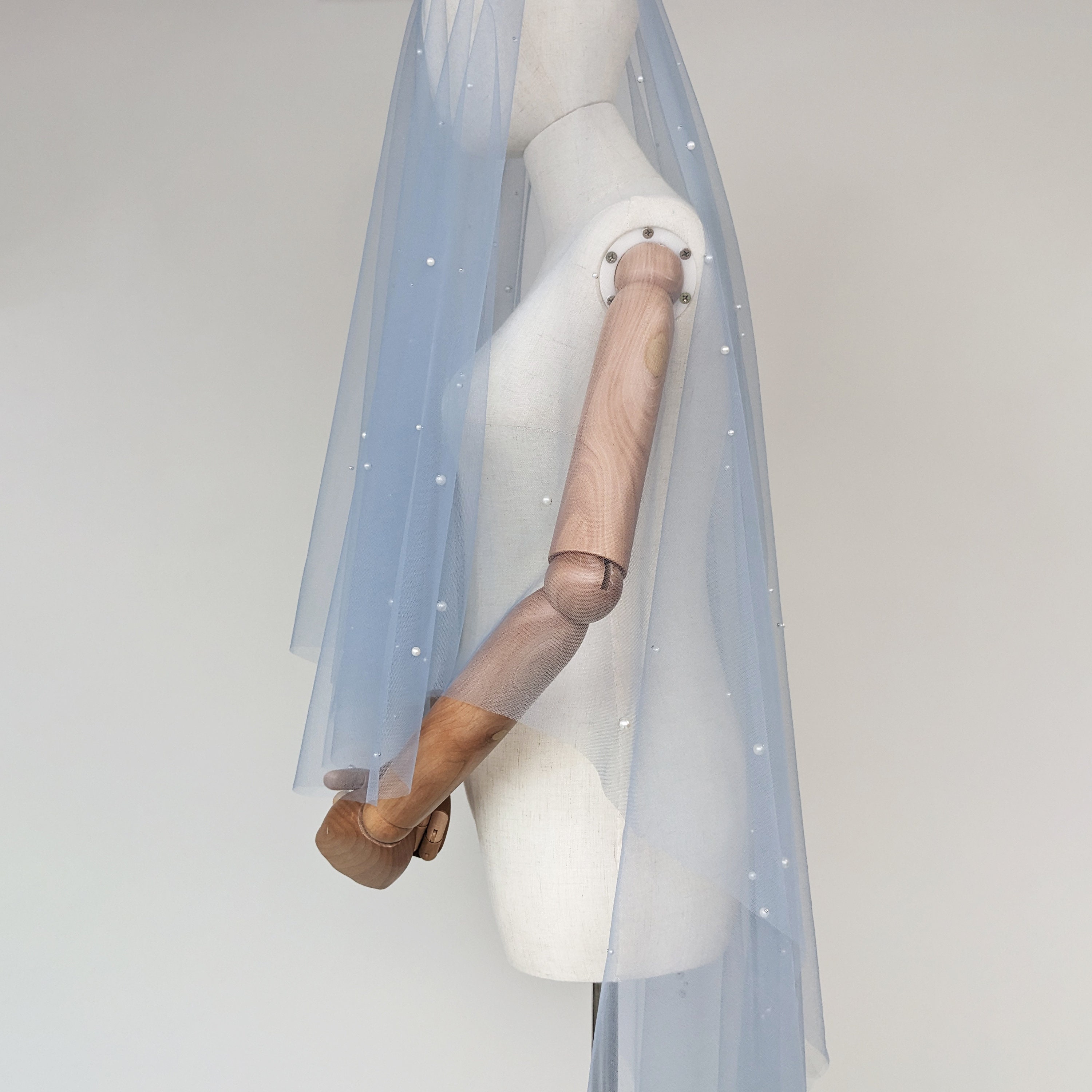Blue Wedding Veil With Pearls, Dusty Blue Tulle With White Pearls ...