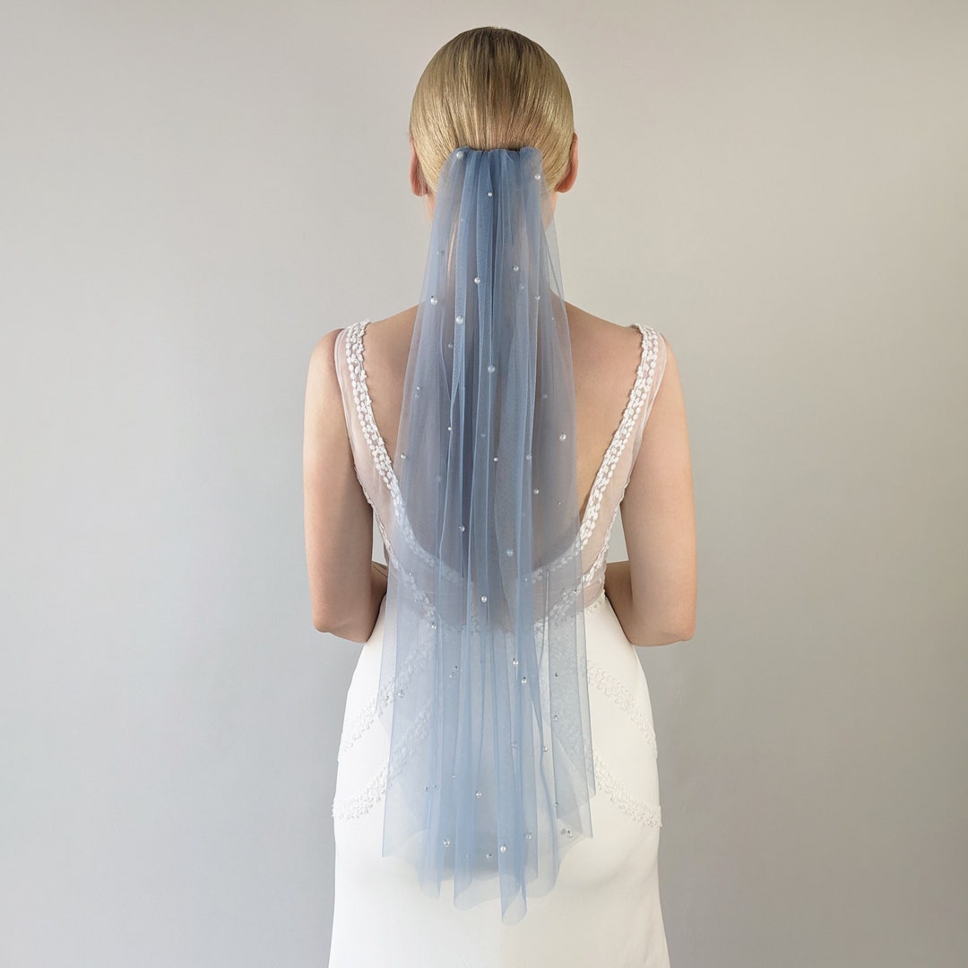 Dusty Blue Wedding Veil With Pearls, Dusty Sky Blue Color Fabric, White ...