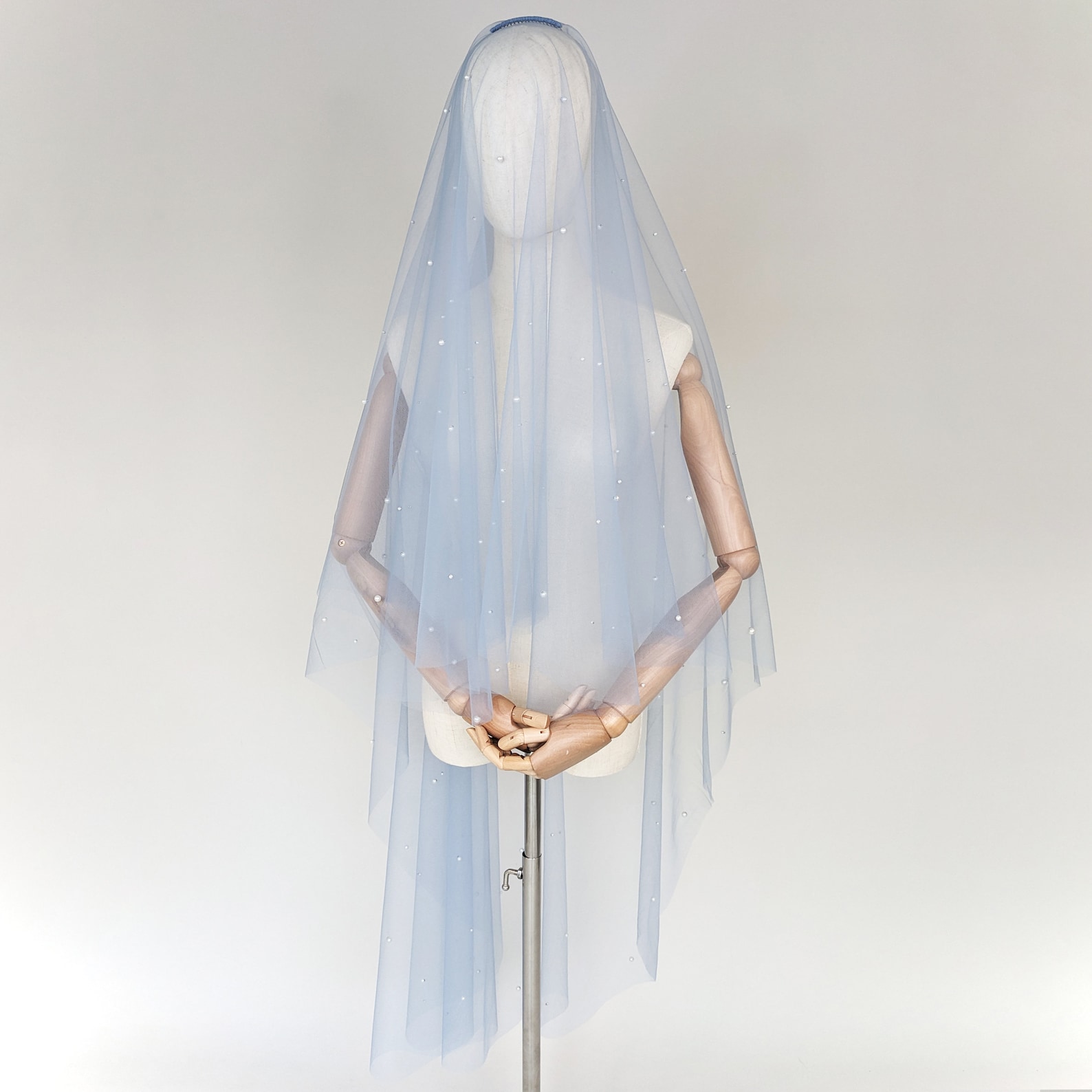 Blue Wedding Veil With Pearls: Dusty Blue Tulle, Bridal Comb - Etsy