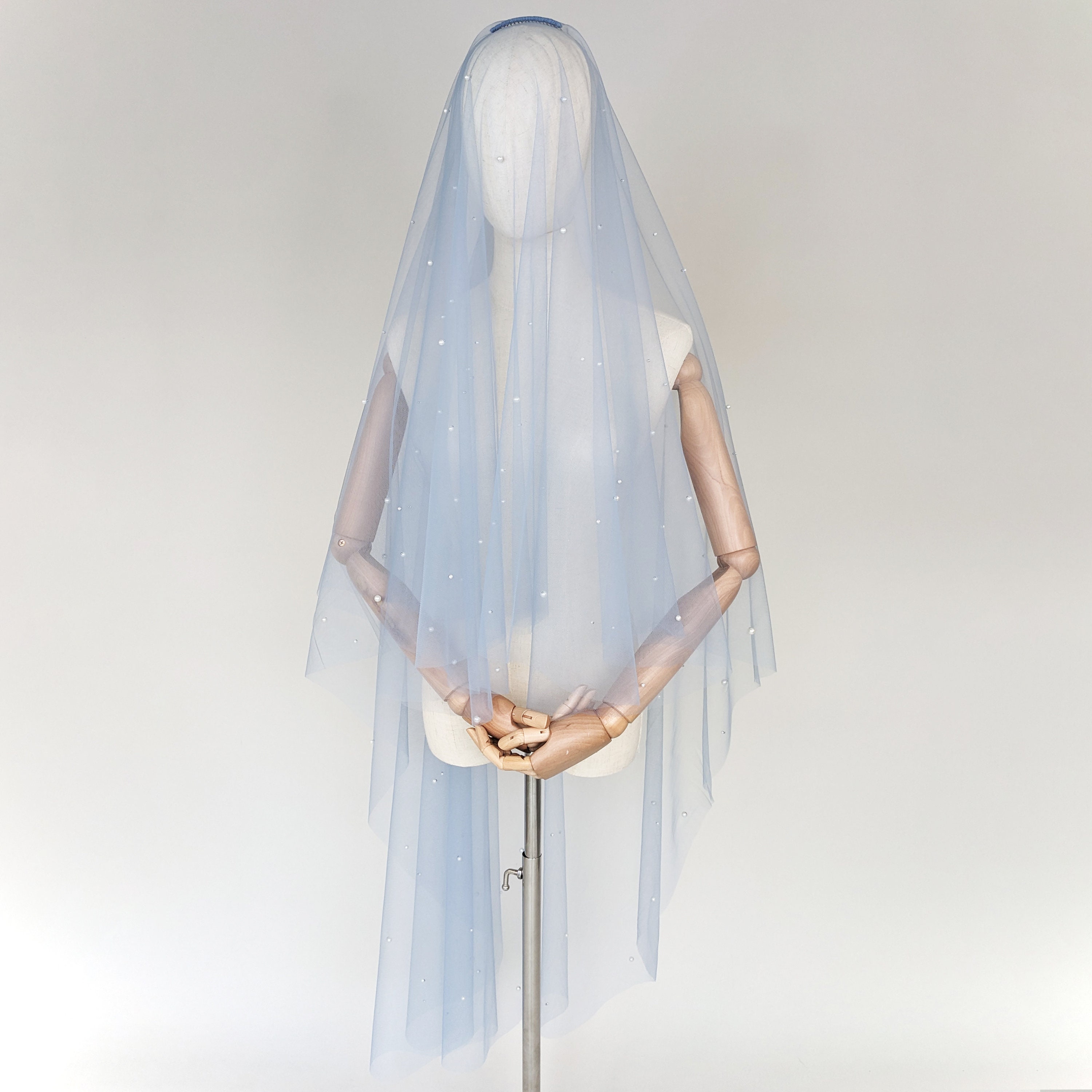 Blue Wedding Veil With Pearls, Dusty Blue Tulle With White Pearls ...