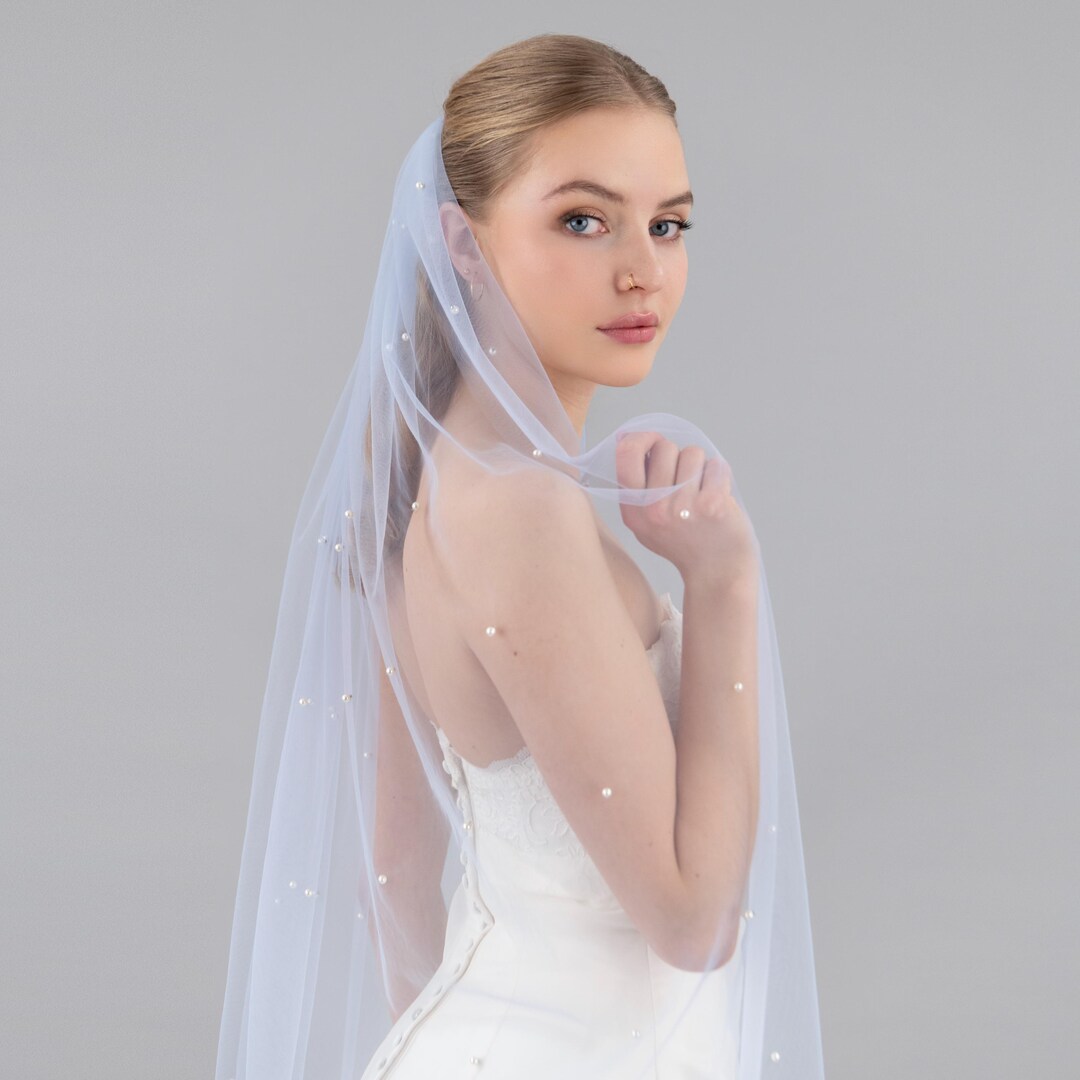Sky Blue Wedding Veil With Pearls, Pastel Sky Blue Color Fabric, White ...