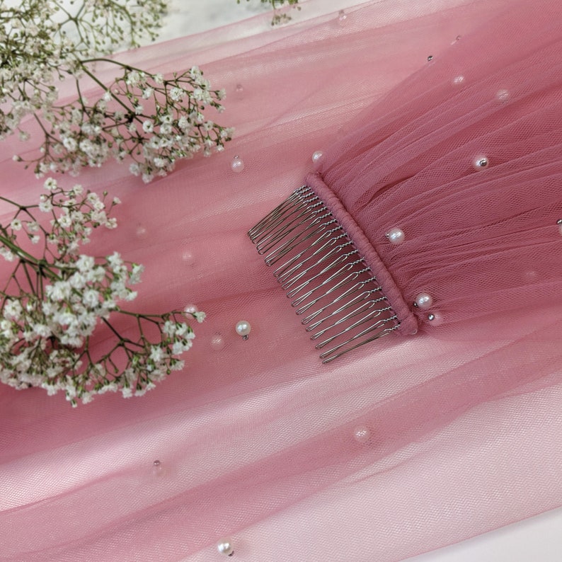 Rose Pink Wedding Veil With Pearls, Dusty Rose Pink Color Fabric, White ...