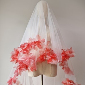 Ivory Red Fluff Flower Veil, Ivory Tulle With Bright Red Organza ...