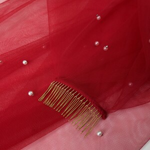 Red Rose Wedding Veil With Pearls, Bright Red Tulle With White Regular ...