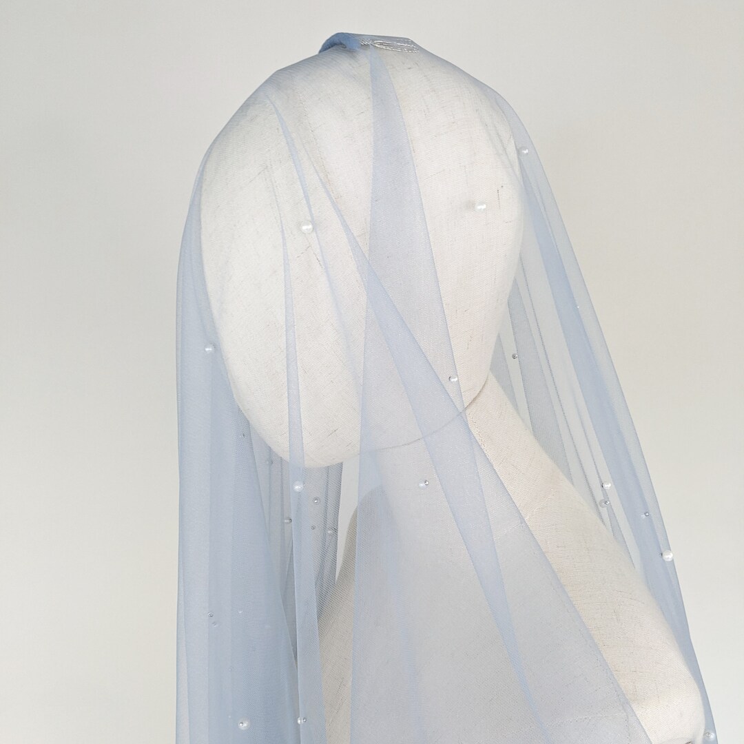 Dusty Blue Wedding Veil With Pearls, Dusty Blue Tulle With White ...