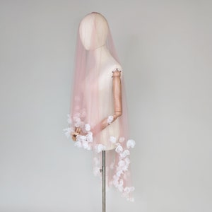 Pink Rose Flower Veil, Warm Rose Pink Tulle With White Organza Flowers ...