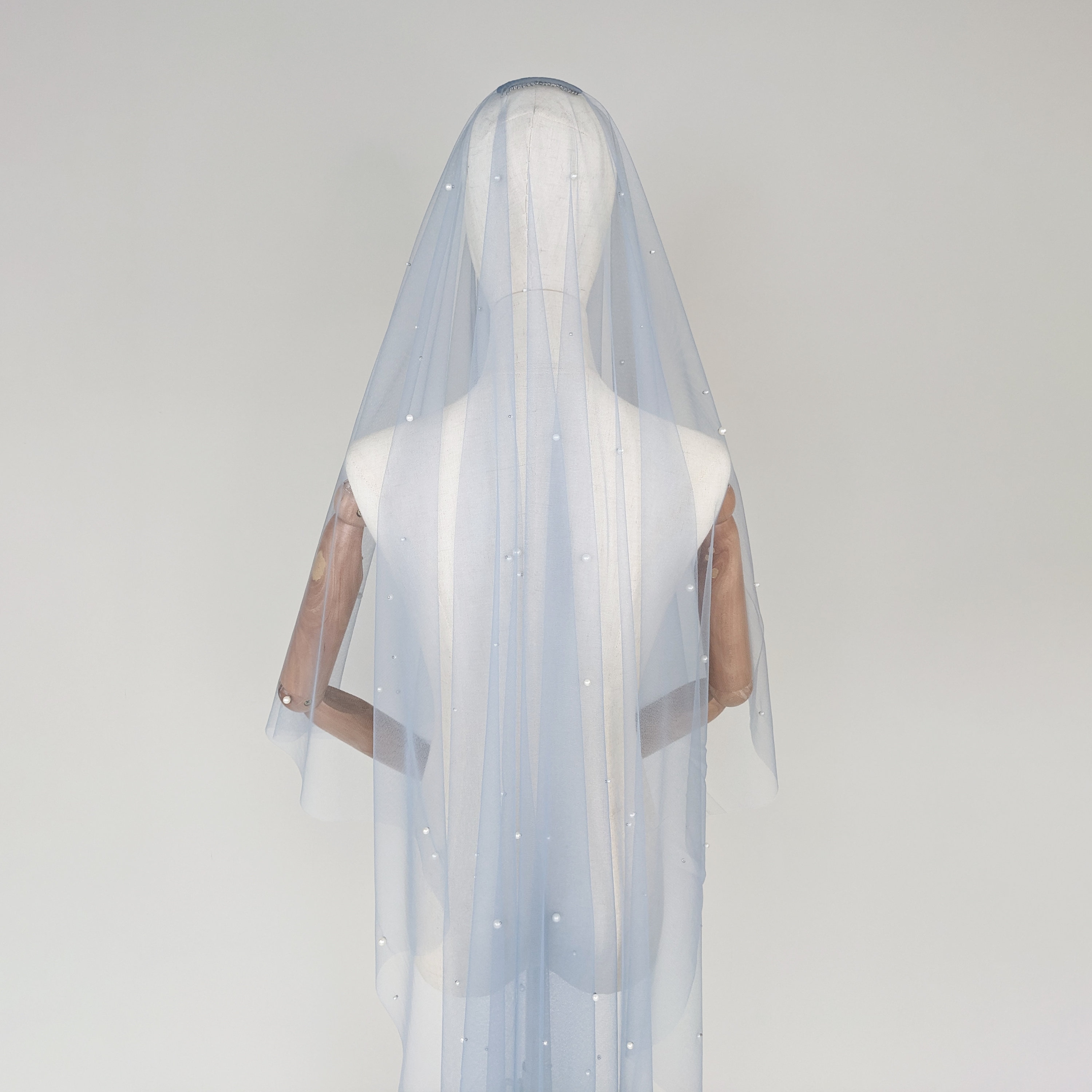 Blue Wedding Veil With Pearls, Dusty Blue Tulle With White Pearls ...