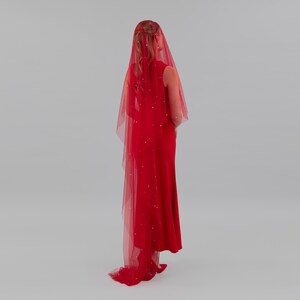 Red Rose Wedding Veil With Pearls, Bright Red Tulle With White Regular ...