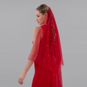 Red Rose Wedding Veil With Pearls, Bright Red Tulle With White Regular ...
