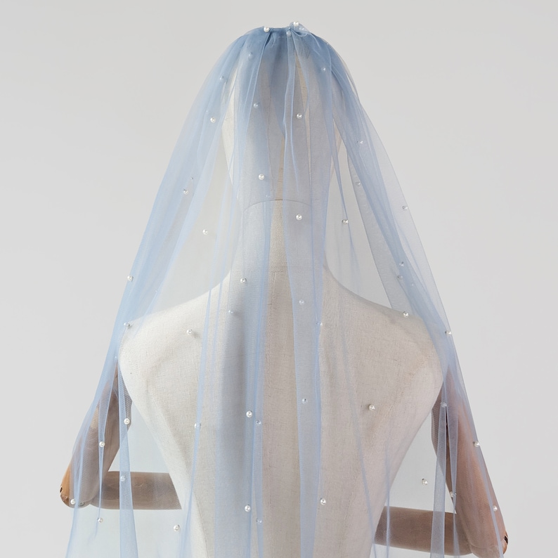 Dusty Blue Wedding Veil With Pearls Dusty Sky Blue Color - Etsy