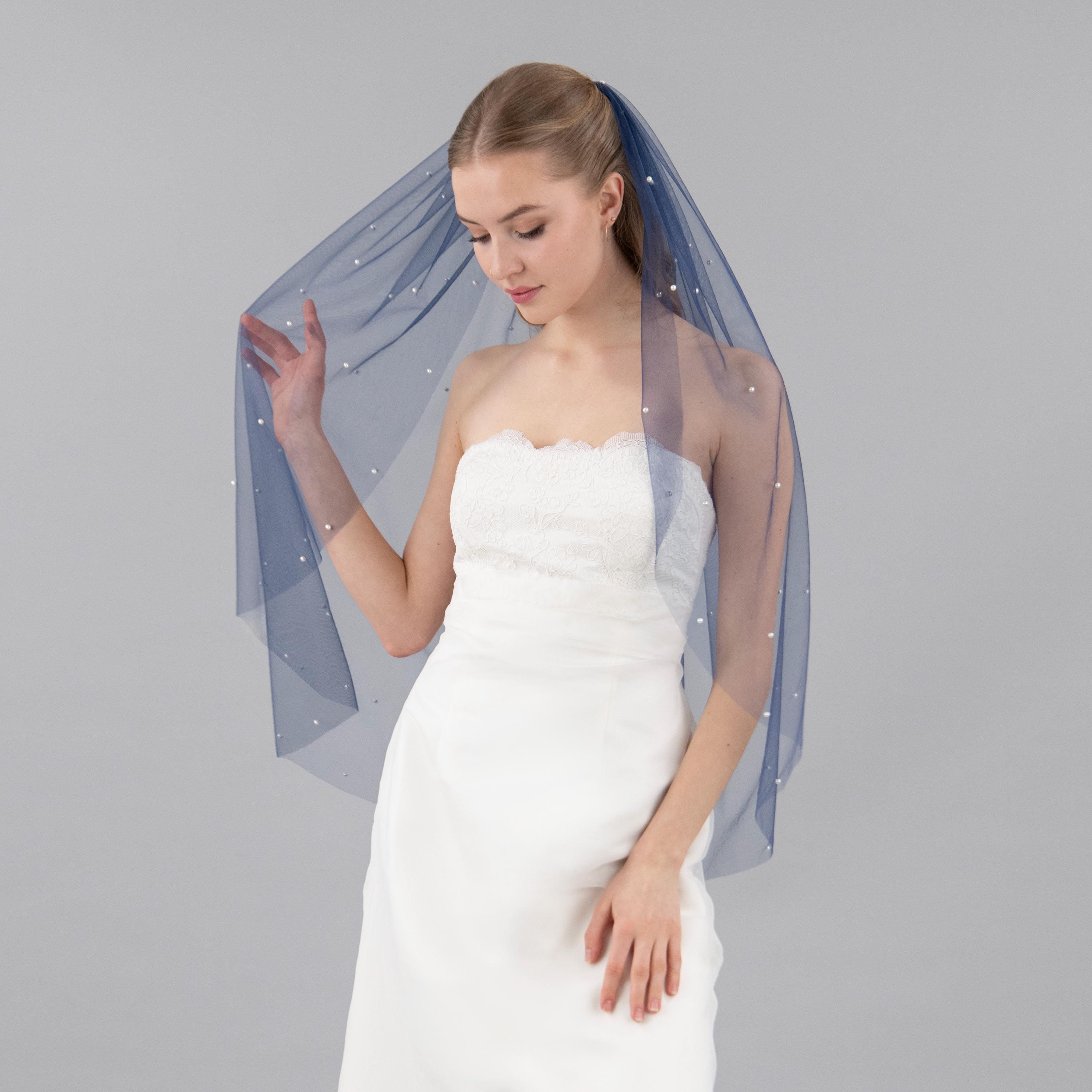 Navy Blue Wedding Veil: Scattered White Pearls, Gold Comb - Etsy