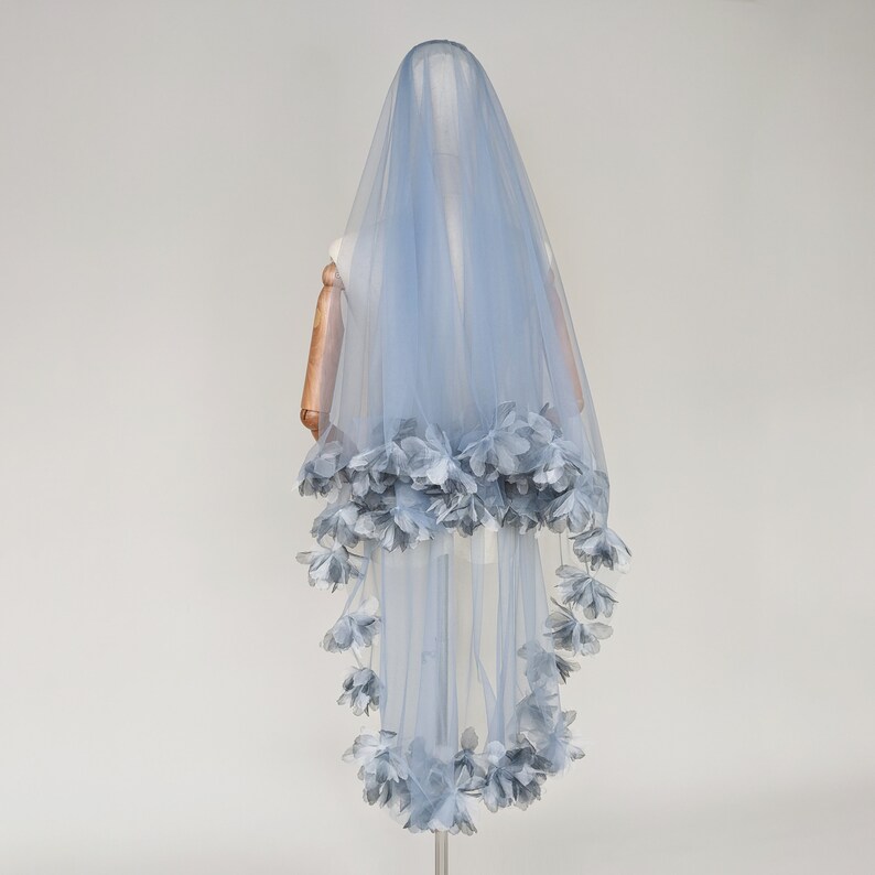 Dusty Blue Tulle Wedding Veil: Gray Blue Organza Flowers, Bridal Comb ...