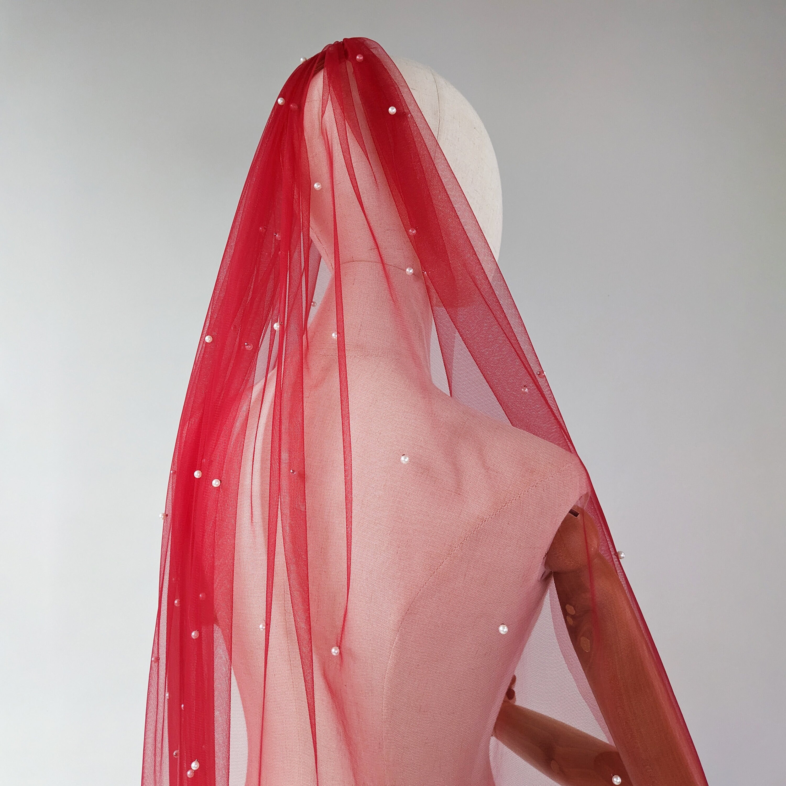 Rose Red Pearl Wedding Veil, Red Rose Color Fabric, White Regular Pearl ...