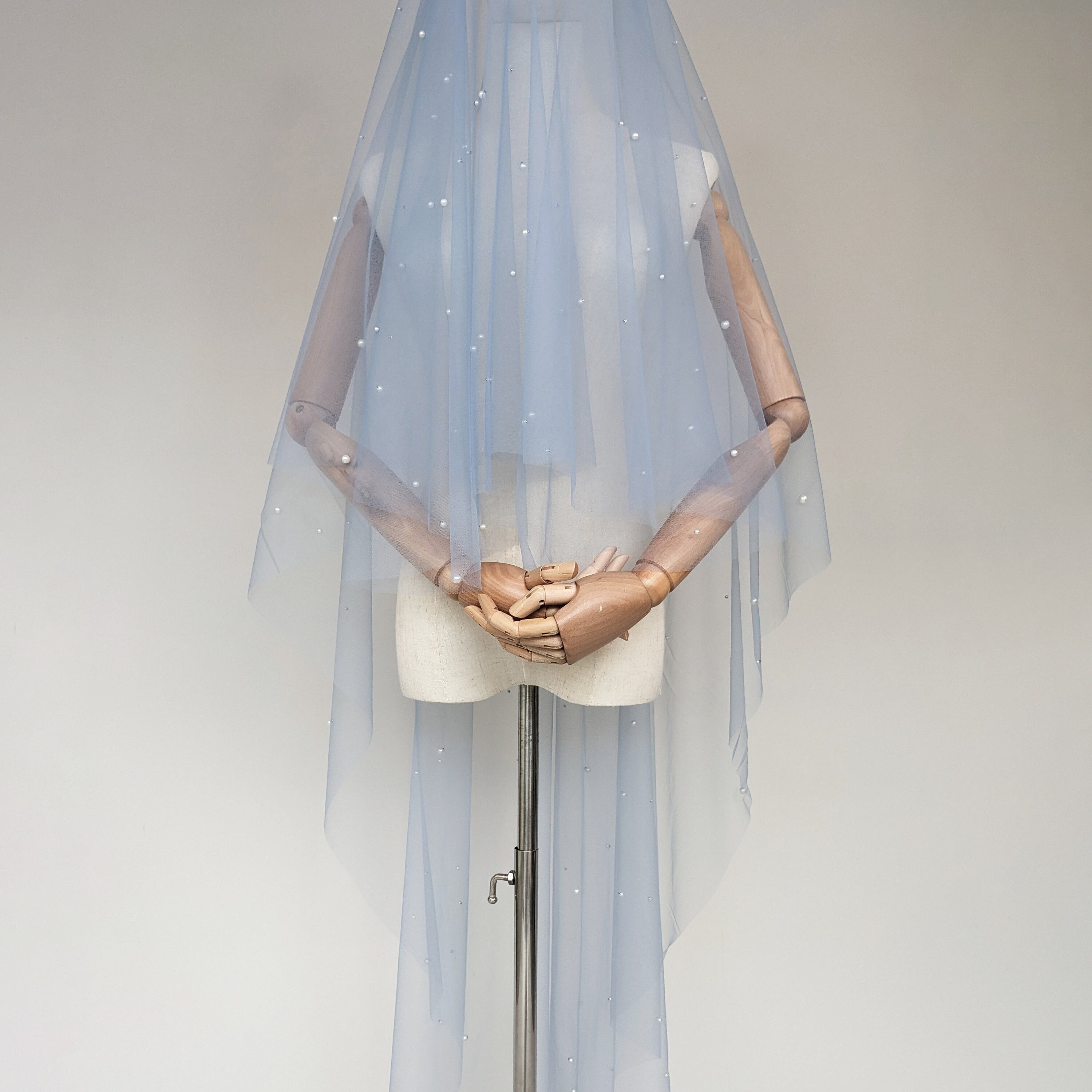 Blue Wedding Veil With Pearls, Dusty Blue Tulle With White Pearls ...