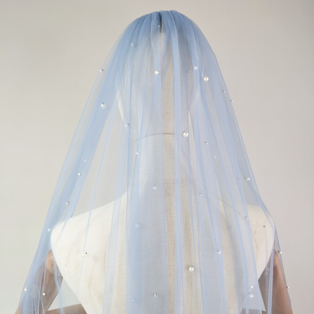Soft Blue Wedding Veil With Pearls, Dusty Sky Blue Color Fabric, White ...