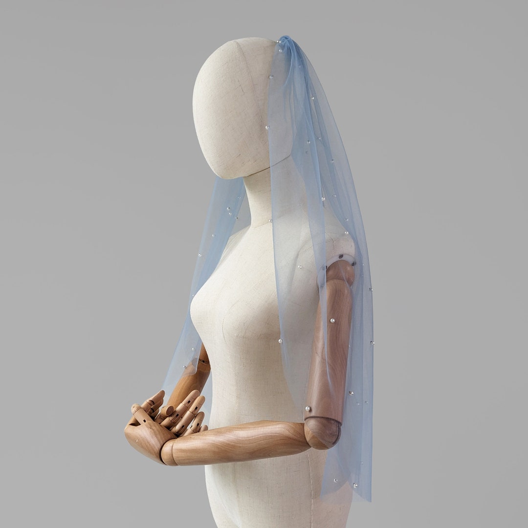 Dusty Blue Wedding Veil With Pearls, Dusty Sky Blue Color Fabric, White ...